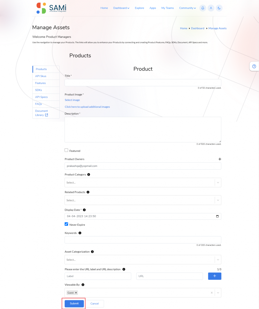 Create a Product – MySAMi